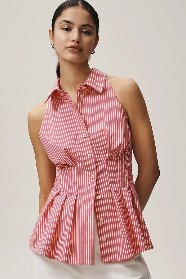 EXQUISE Poplin Halter-neck Top - Pink Stripe
