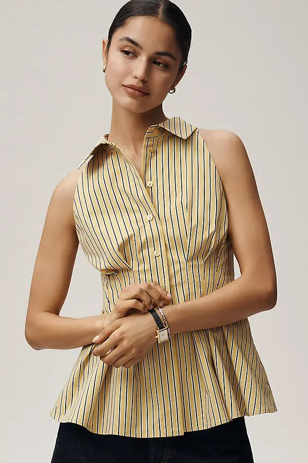 EXQUISE Poplin Halter-neck Top - Yellow / Blue Stripe