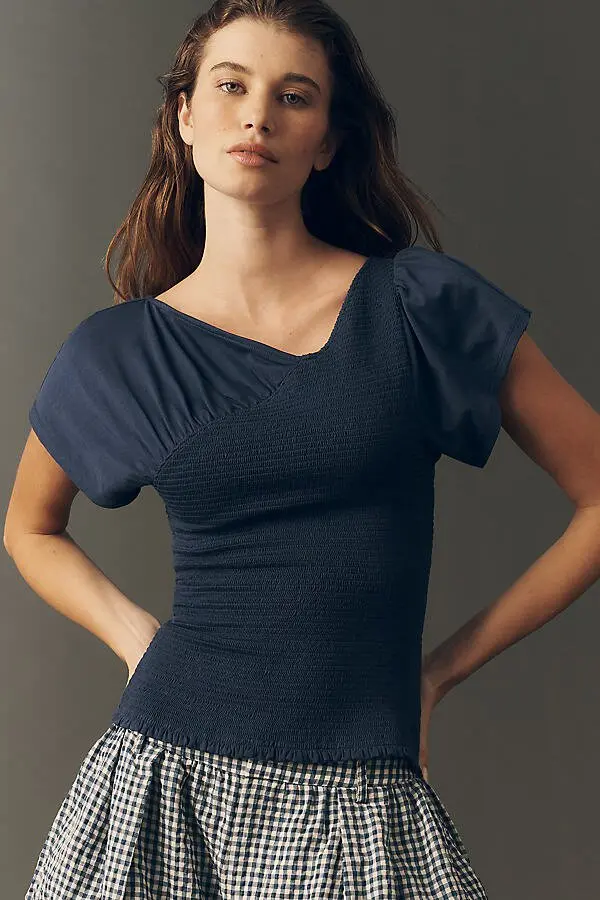 Maeve Asymmetrical Flutter Sleeve T-shirt - Navy