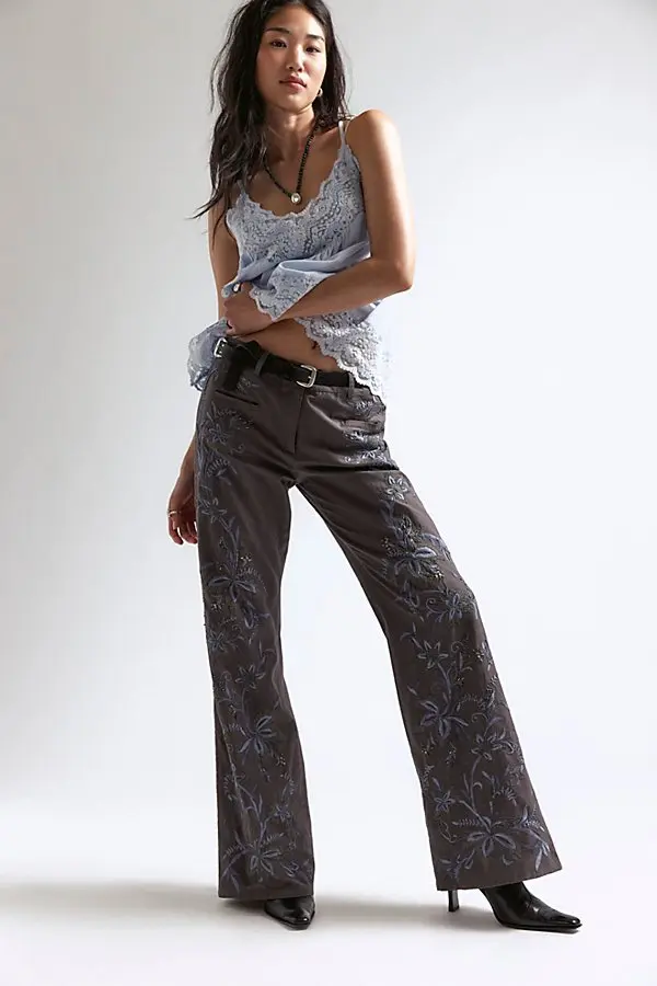 Free People Taylen Embellished Flare Trousers - Charcoal Grey