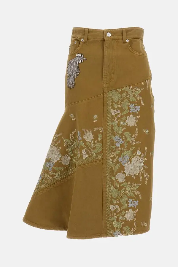 Erdem Embroidered Denim Midi Skirt - Brown