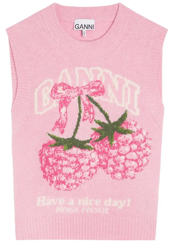 GANNI Logo-intarsia Wool-blend Vest - Pink