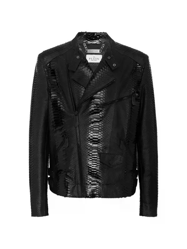 Philipp Plein Python Leather Biker Jacket - Black