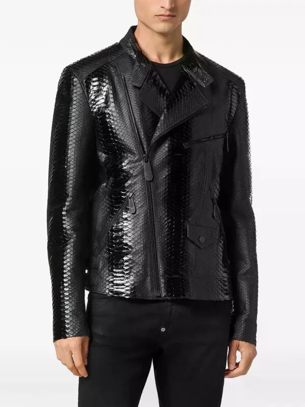 Philipp Plein Python Leather Biker Jacket - Black