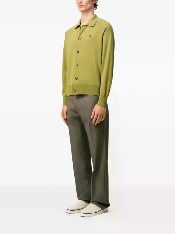 AMI Paris Merino Wool Cardigan With De Coeur Embroidery - Green