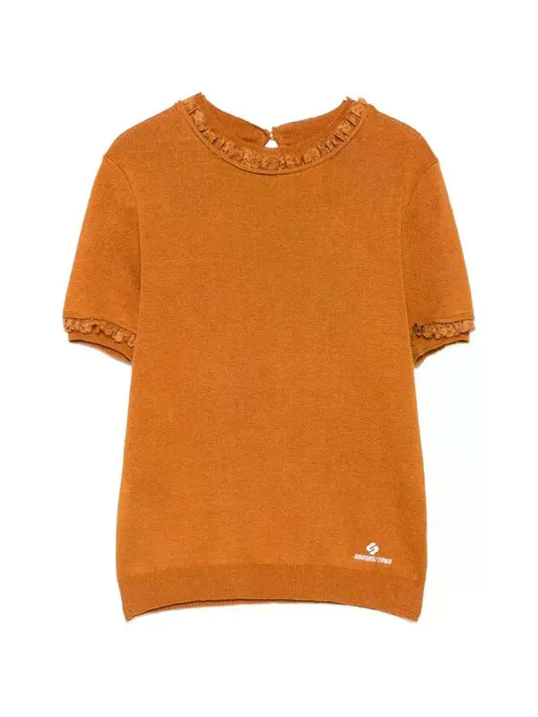 SHUSHU/TONG Lace-trimmed Short-sleeve Sweater - Brown