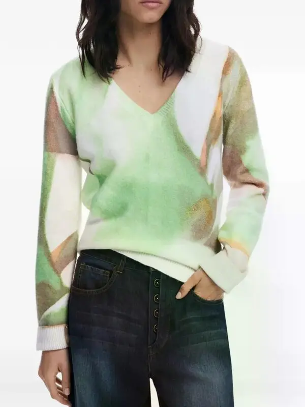 Desigual Abstract-print V-neck Sweater - Green