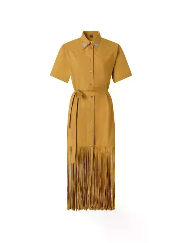 Pinko Fringe-trimmed Belted Midi Shirt Dress - Yellow