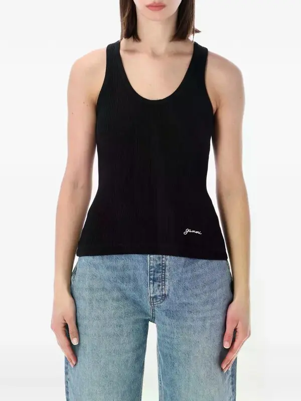 GANNI Ribbed-knit Tank Top - Black