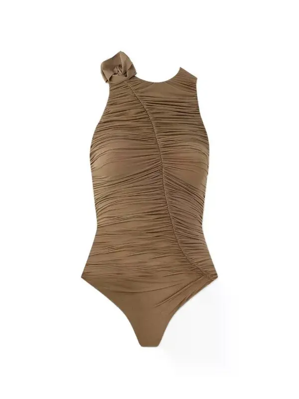 MAYGEL CORONEL Ruched Floral-appliqué Swimsuit - Brown