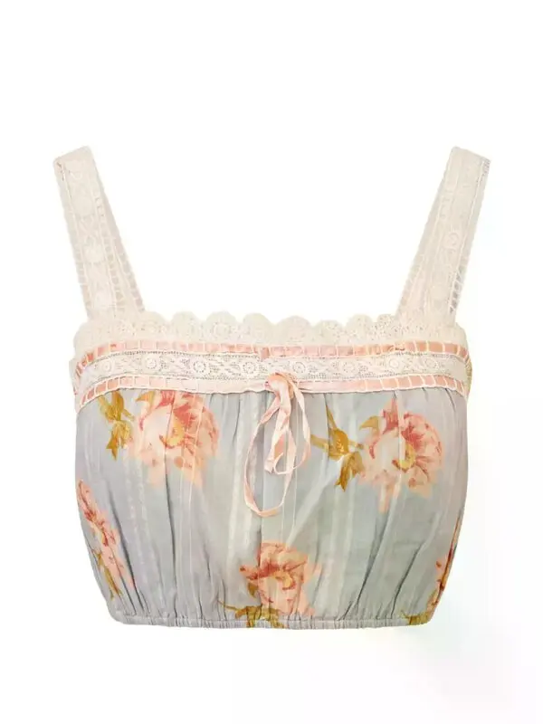 LoveShackFancy Peony-print Lace-trim Cropped Blouse - Blue