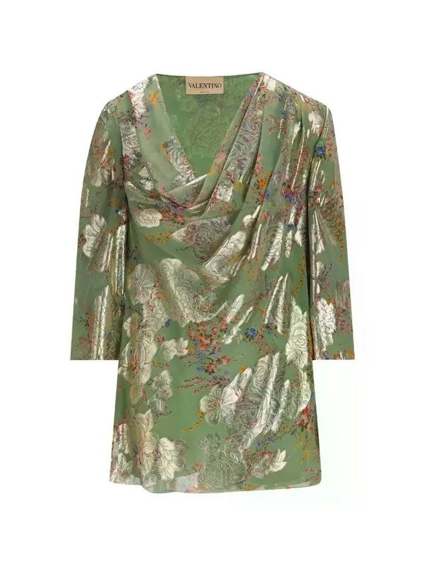 Valentino Garavani Floral-brocade Draped Tunic Top - Green