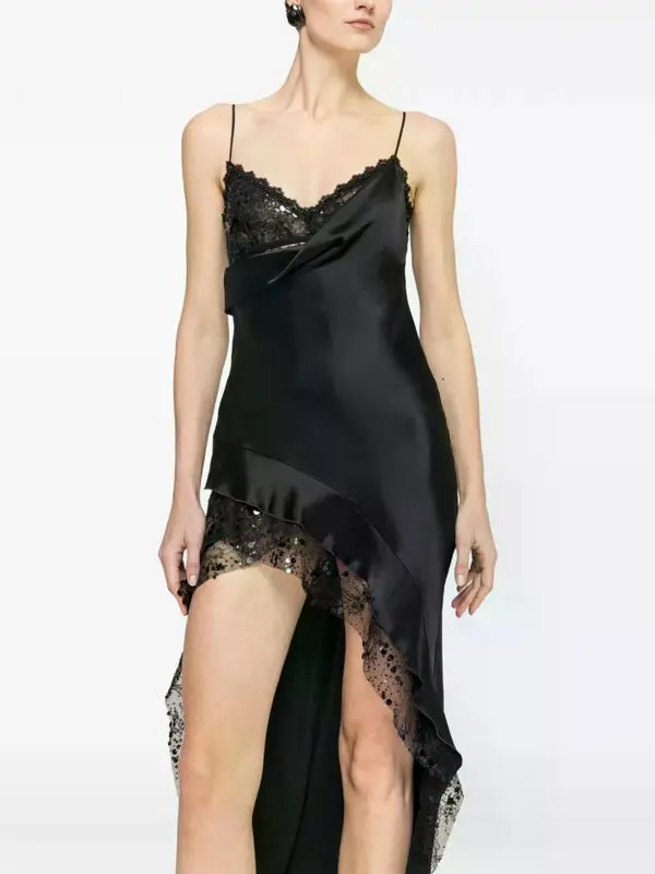 NISSA Lace-trim Sequin-embellished Asymmetric Dress - Black