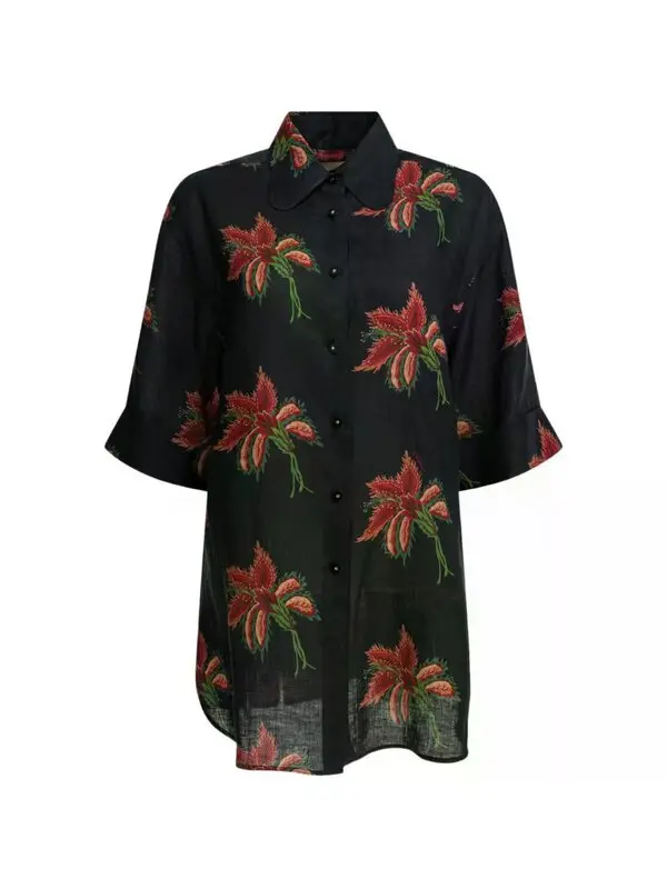 Valentino Garavani Floral-print Linen Shirt - Black