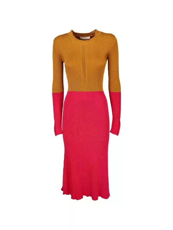 Vintage Ribbed-knit Color-block Dress - Yellow