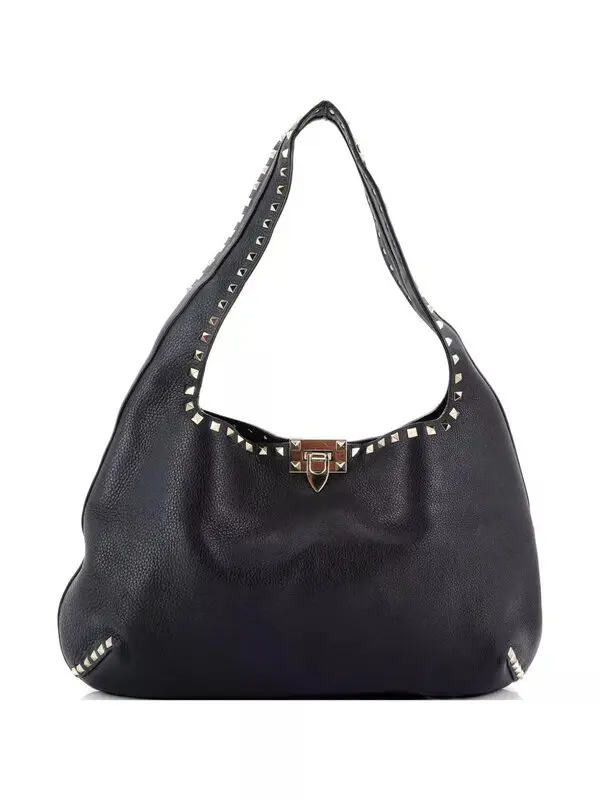 Valentino Garavani Rockstud Flip Lock Leather Large Hobo Bag - Black