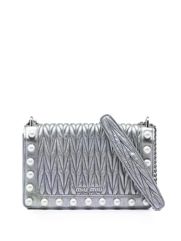 Miu Miu Matelasse Metallic Nappa Faux Pearl Flap Crossbody Bag - Silver
