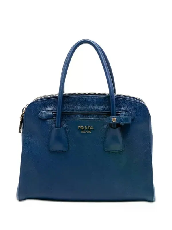 Prada Saffiano Cuir Double Zip Top Handle Satchel - Blue