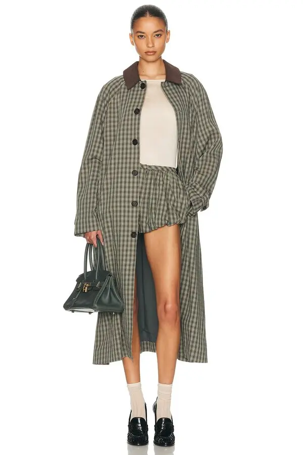 HELSA Novelty Trench - Green & Brown Plaid