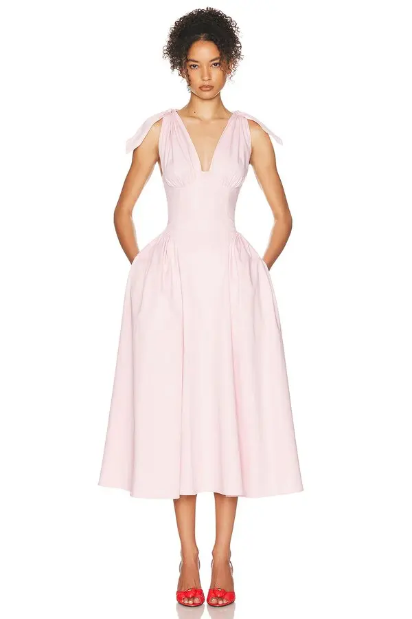 HELSA Fairweather Midi Dress In Stretch Cotton Sateen - Tea Rose