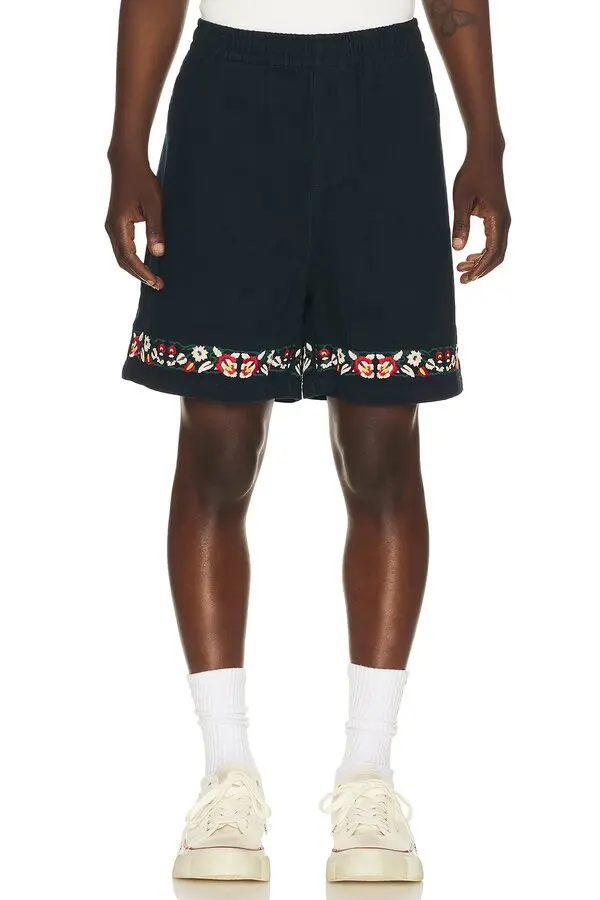 FOUND Floral Embroidered Twill Shorts - Navy