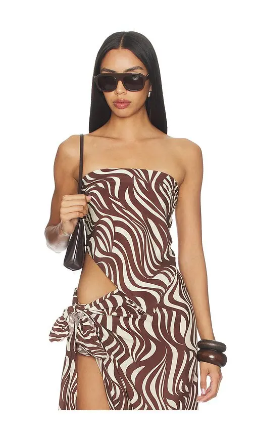Enza Costa Wave Print Scarf Top - Brown