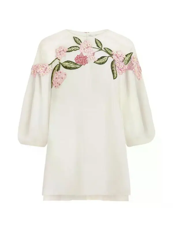 Oscar De La Renta Porcelain Flower Embroidered Illusion Blouse - Neutrals