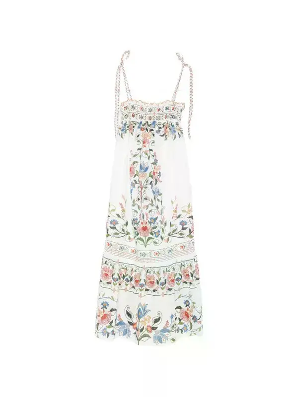 Farm Rio Floral-embroidered Tiered Midi Dress - Neutrals