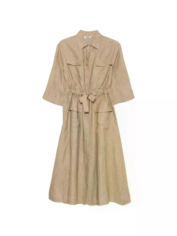 Herno Belted Linen Midi Dress - Neutrals