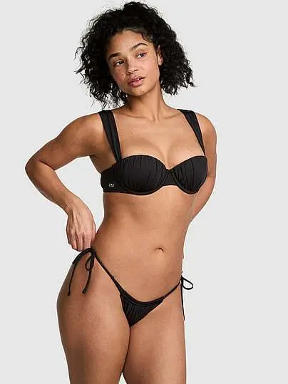 Pink Ruched Push-up Balconette Bikini Top - Black