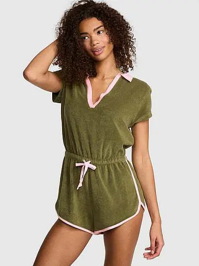 Pink Terry Henley Cover-up Onesie - Green