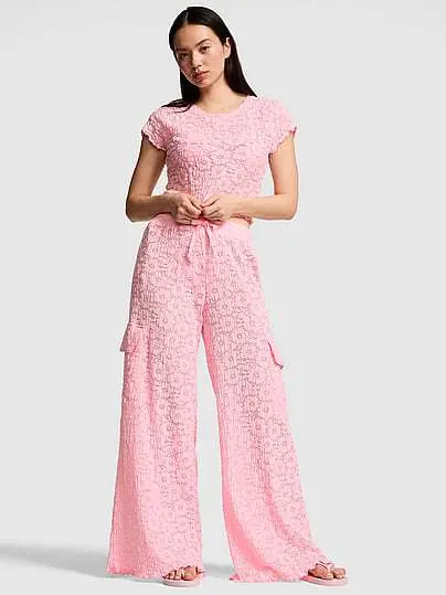 Pink Floral Crochet Cover-up Pants - Pink