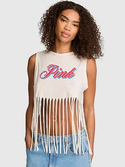 Pink Campus Cotton Retro Fringe Tank Top - Grey