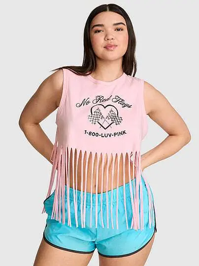 Pink Campus Cotton Retro Fringe Tank Top - Pink