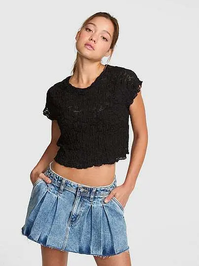 Pink Floral Crochet Cover-up Tee - Black