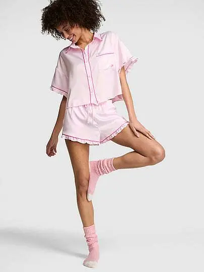 Pink Grw ™ Satin Short-sleeve And Shorts Pajama Set - Pink