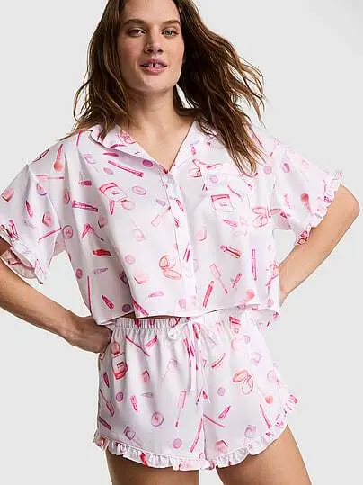 Pink Grw ™ Satin Short-sleeve And Shorts Pajama Set - Print