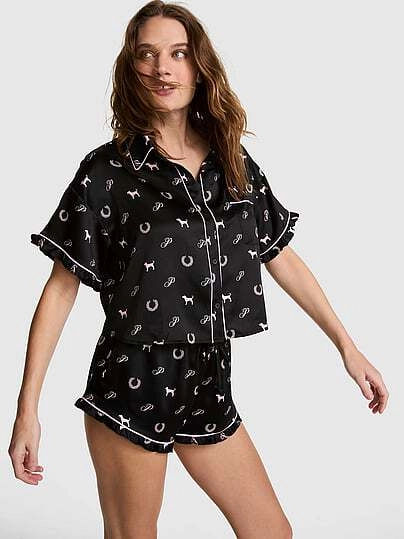 Pink Grw ™ Satin Short-sleeve And Shorts Pajama Set - Print