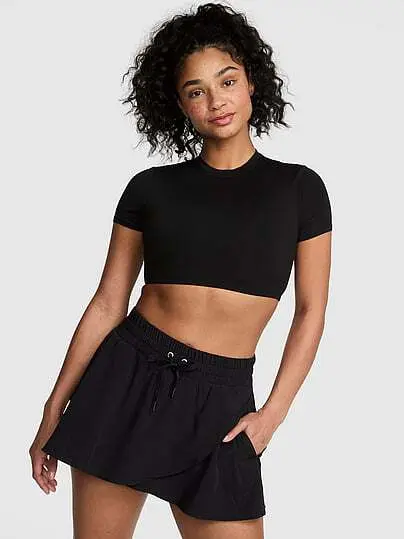 Pink Tech Woven Asymmetrical Skort - Black