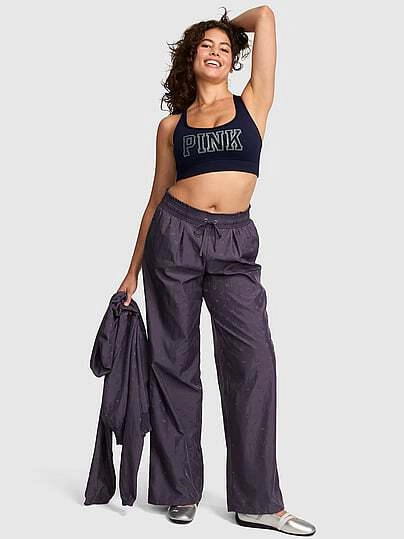 Pink Tech Woven Straight-leg Pants With Smocked Waistband - Grey