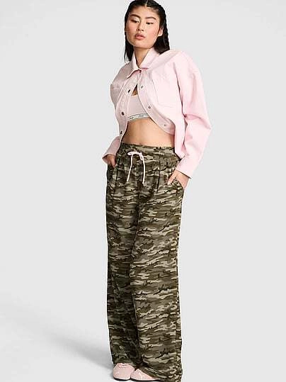 Pink Tech Woven Straight-leg Pants With Smocked Waistband - Print