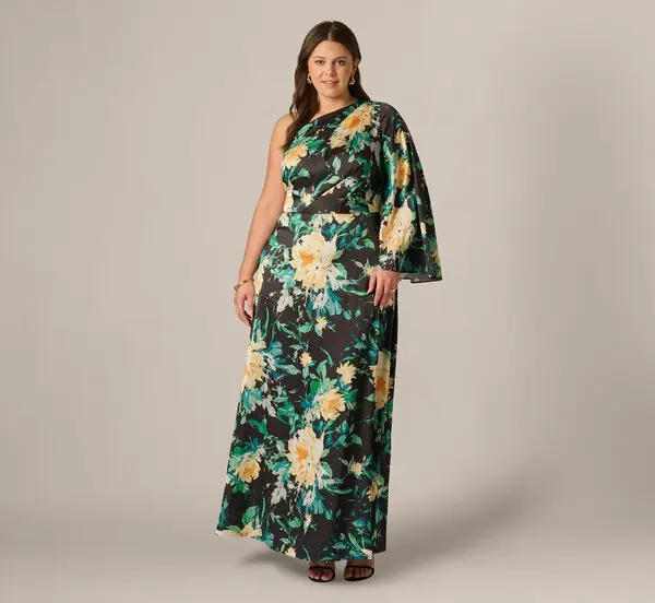 Adrianna Papell One Shoulder Floral Satin Gown - Black Multi