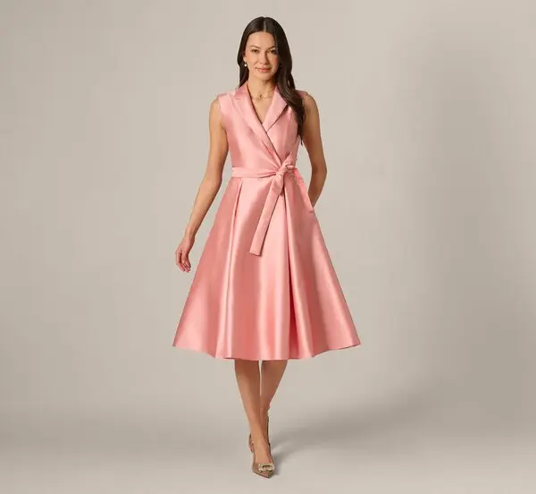 Adrianna Papell Mikado Lapel Belted Midi Dress - Apricot Ice