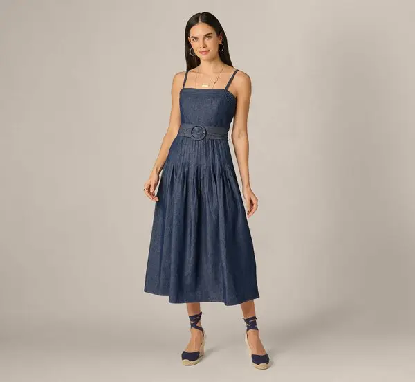 Adrianna Papell Cotton Denim Drop Waist Belted Midi Dress - Dark Denim