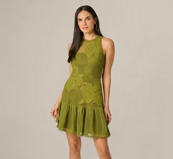 Adrianna Papell Cotton Mesh Floral Short Dress - Dark Moss