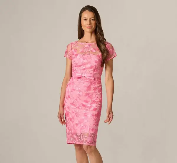 Adrianna Papell Short Sleeve Embroidered Illusion Sheath Dress - Cherry Blossom