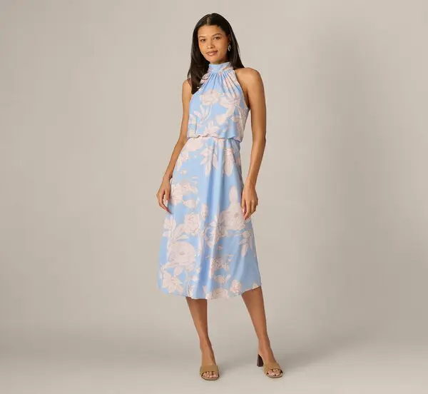 Adrianna Papell Floral Chiffon Blouson Halter Midi Dress - Blue/ivory