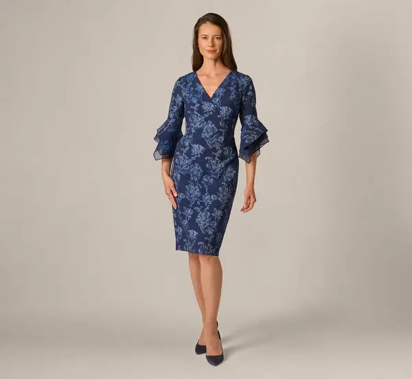 Adrianna Papell Floral Jacquard Bell Sleeve Sheath Dress - Navy Sateen