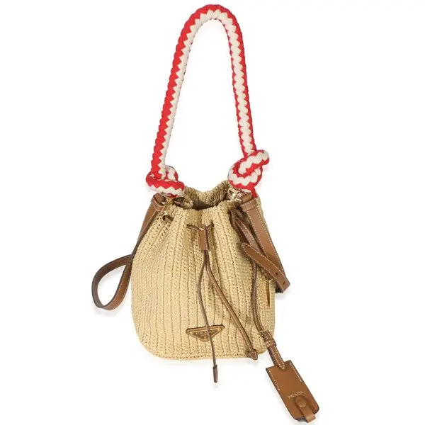 Prada Raffia Effect Crochet Bucket Bag - Beige