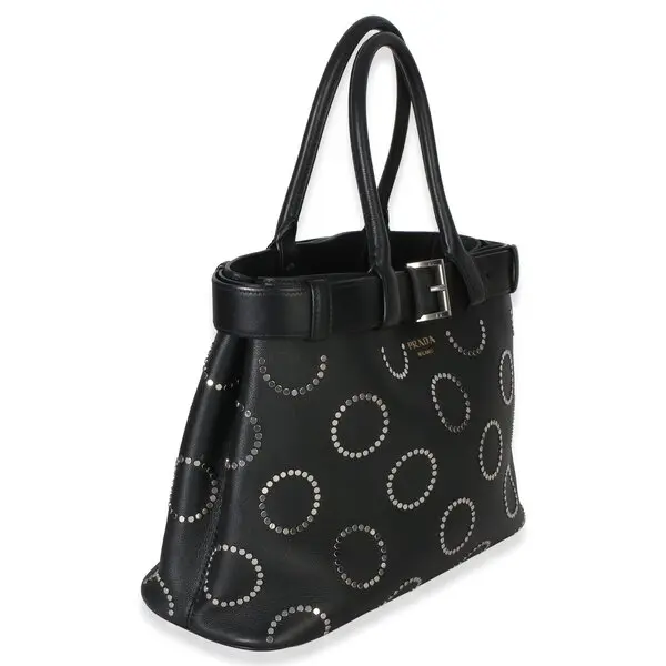 Prada Studded Buckle Leather Tote